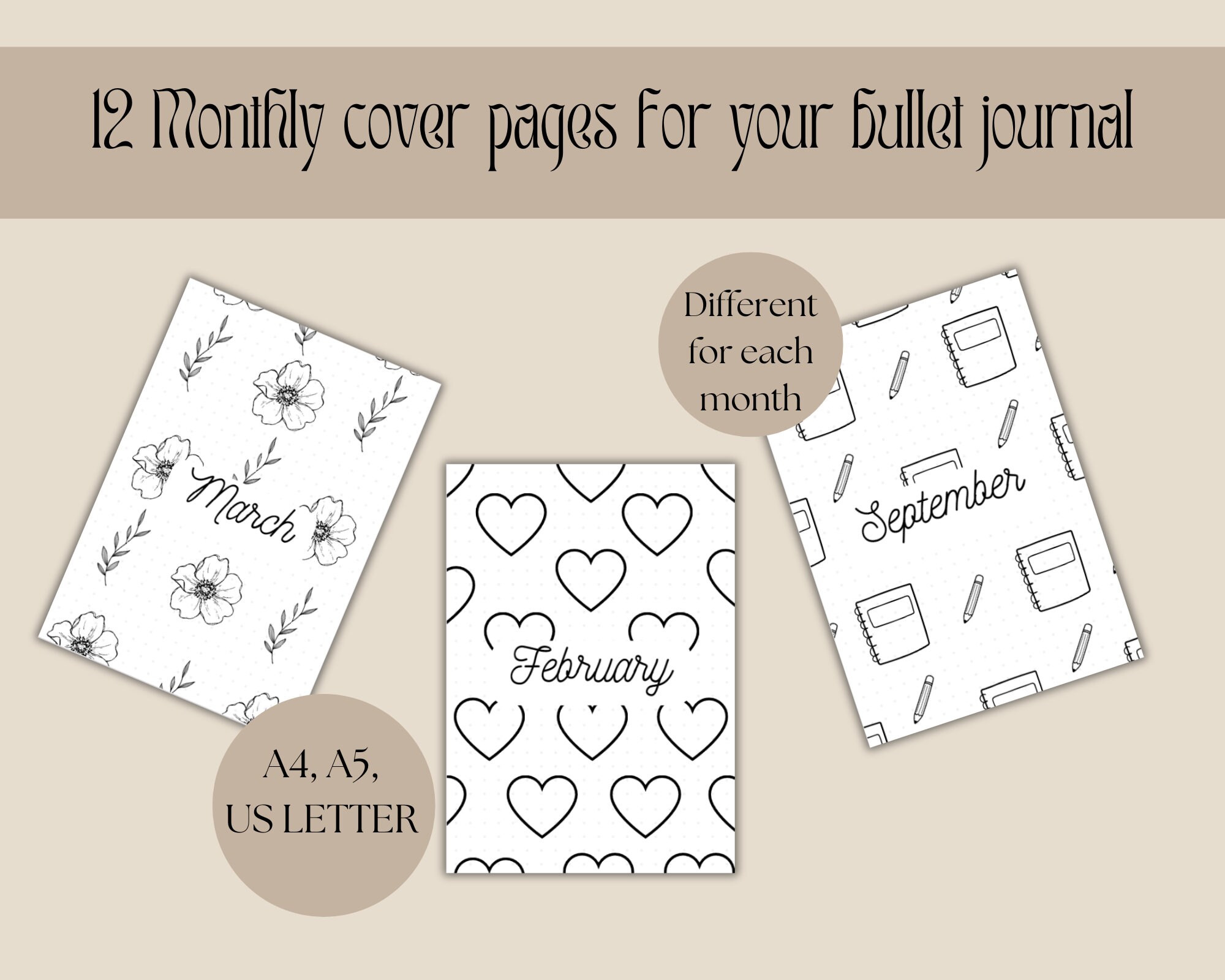 12 Monthly Cover Pages, A5 A4 US Letter Journal Monthly Title Page ...