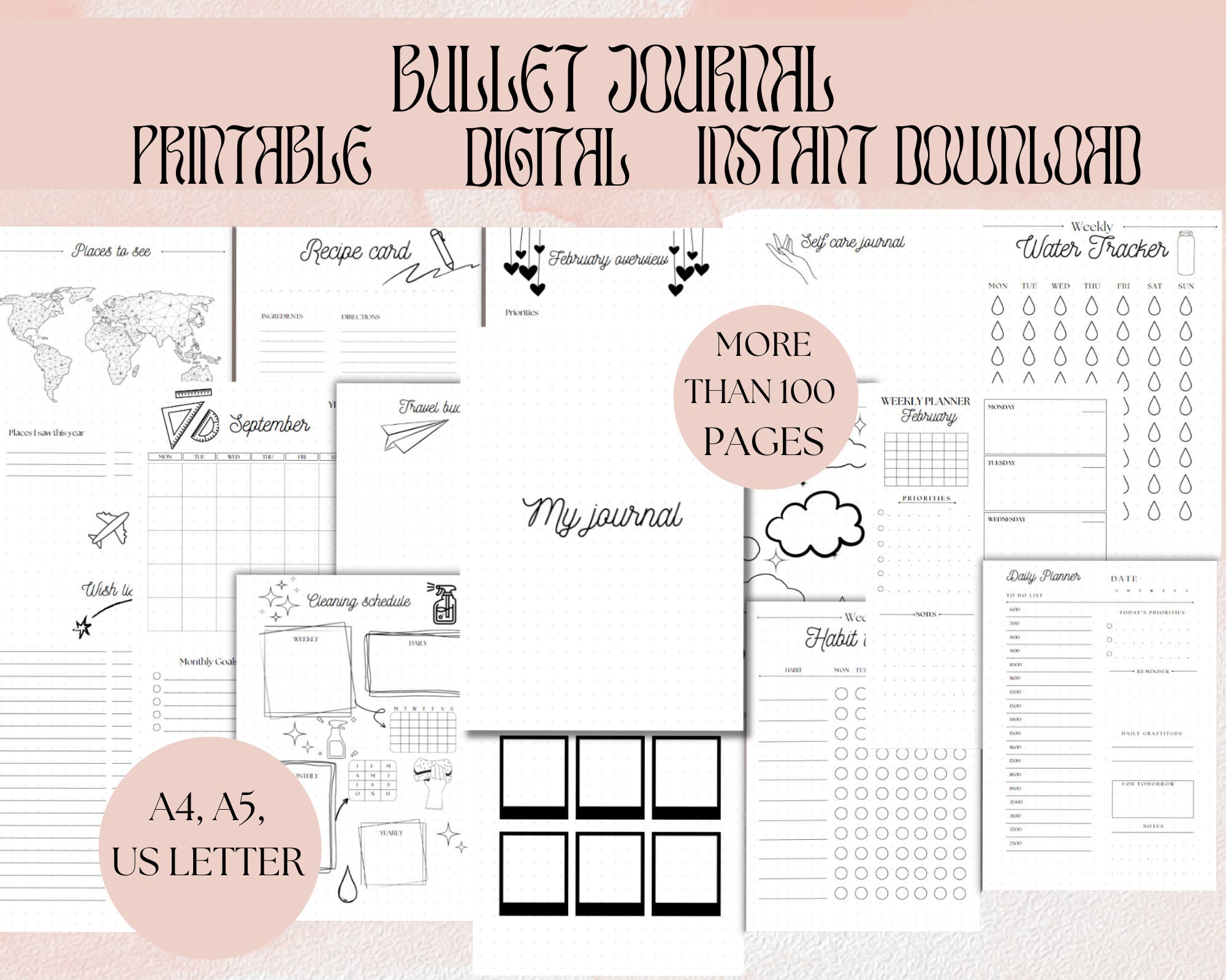 Printable Bullet Journal Planner Paper Bundle Bullet Journal Cover Page ...