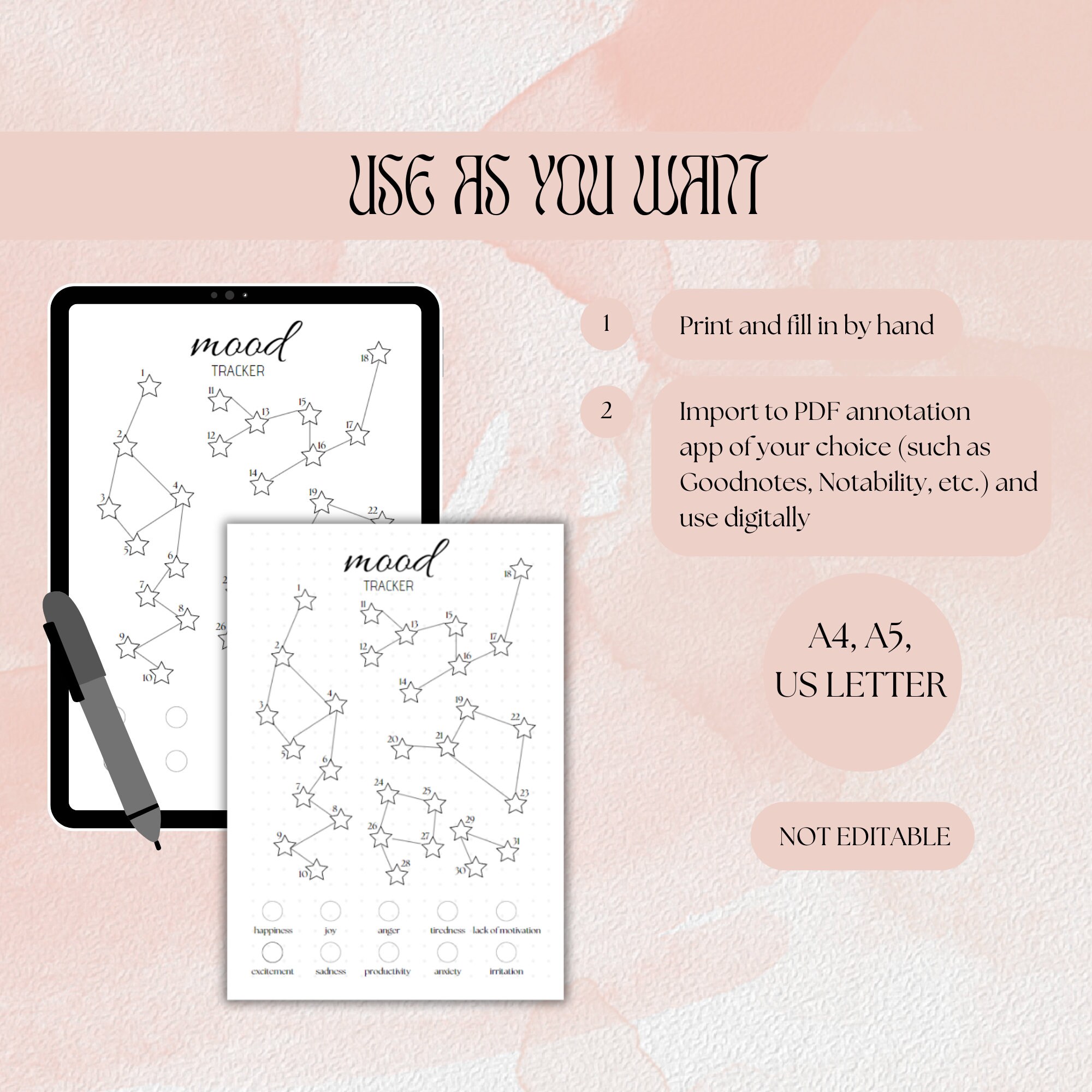 Stars Mood Tracker Printable, Mental Health Tracker, Mood Track Bullet ...