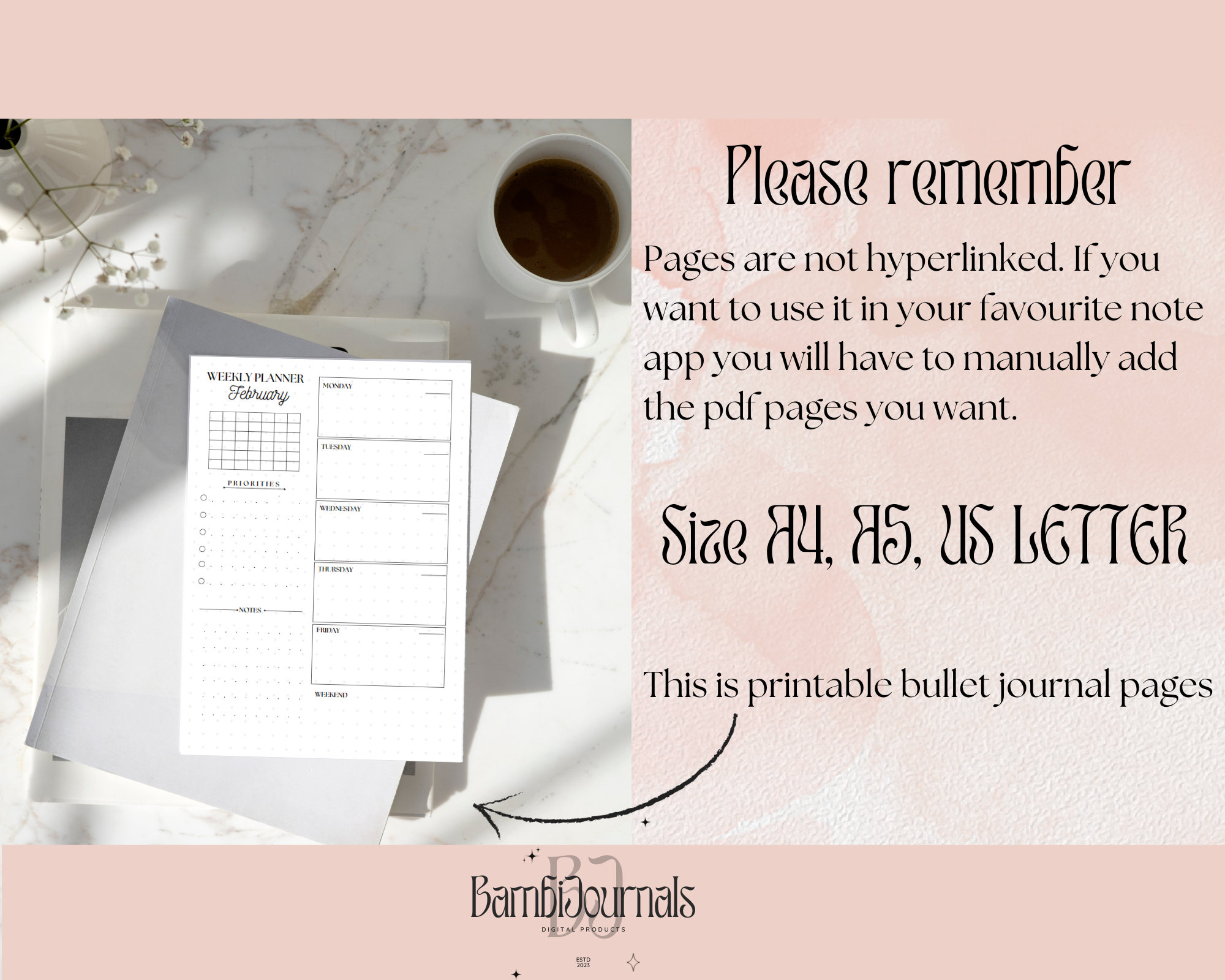 Printable Bullet Journal Planner Paper Bundle Bullet Journal Cover Page ...