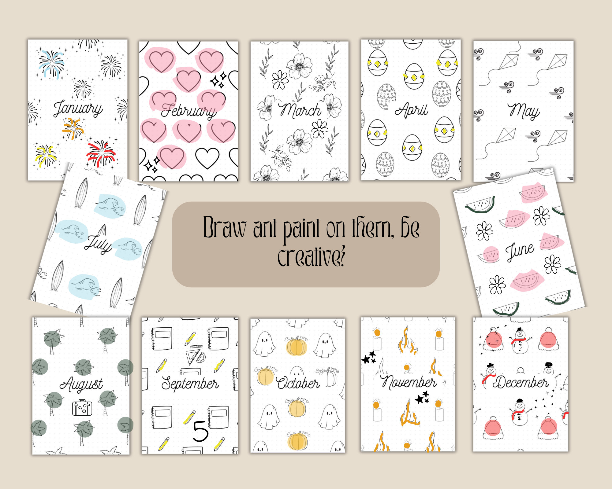 12 Monthly Cover Pages, A5 A4 US Letter Journal Monthly Title Page ...