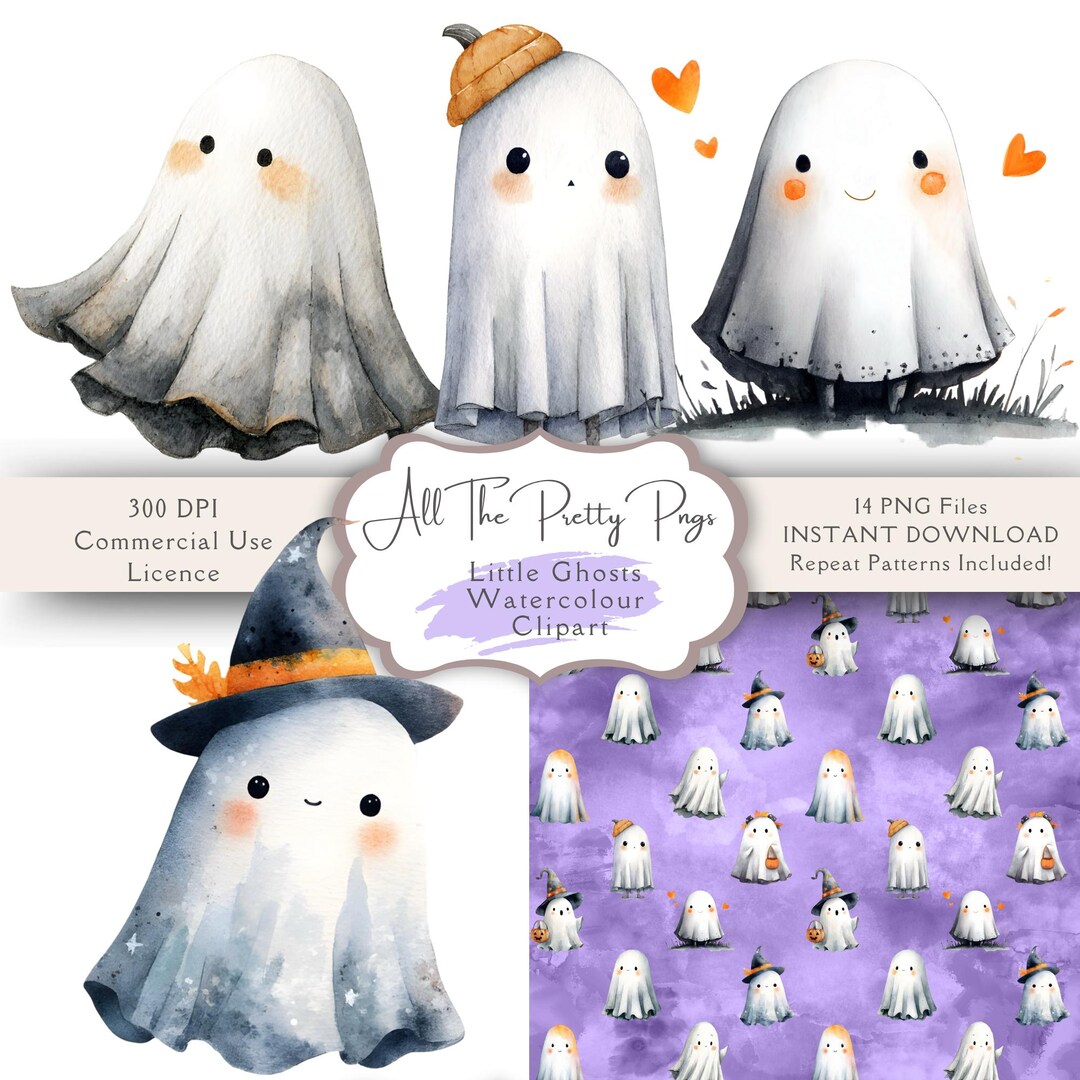 Little Ghosts PNG Clipart Set | Cute Halloween Ghosts and Seamless ...