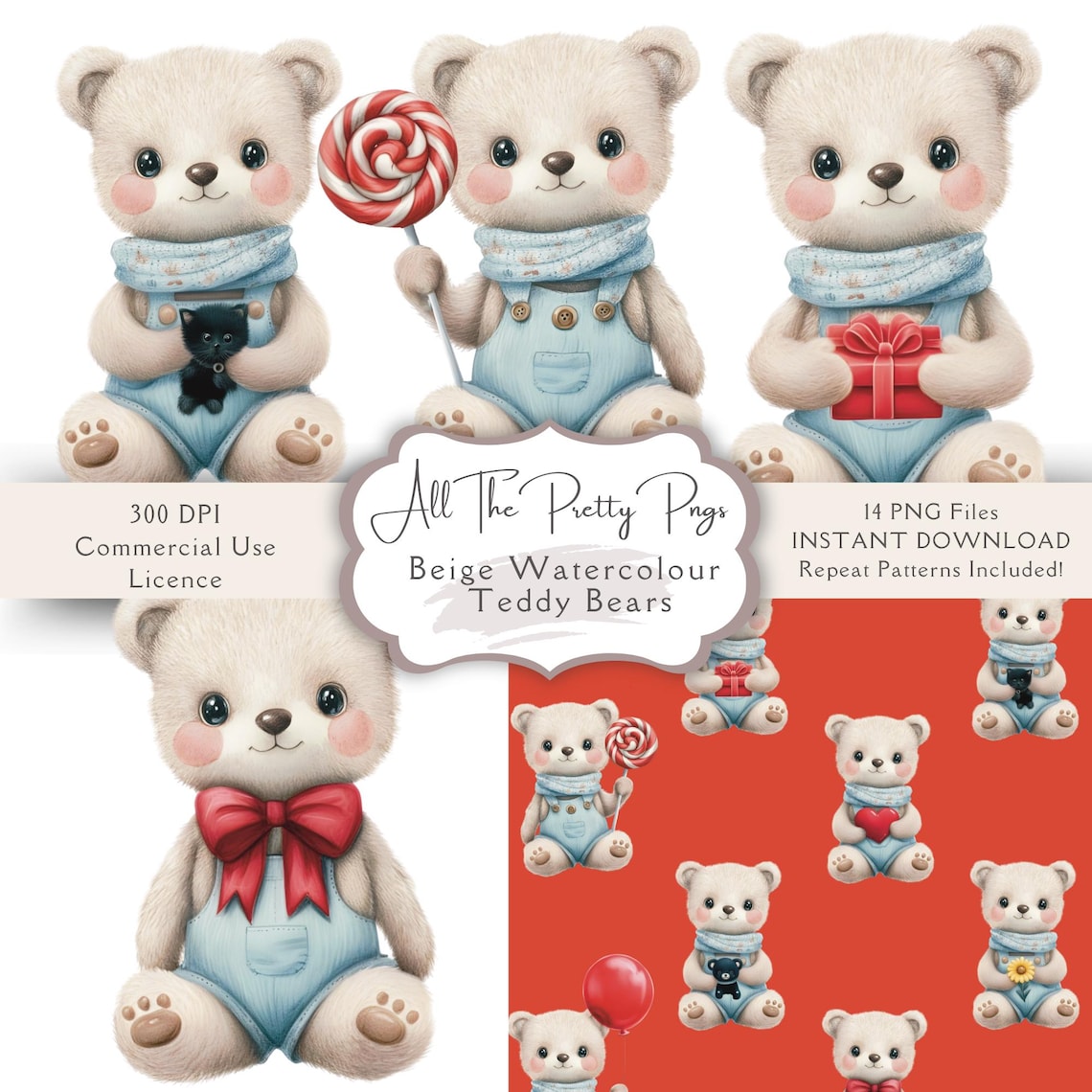 Beige Watercolour Teddy Bear Pngs Baby Shower Nursery Clipart Bundled ...