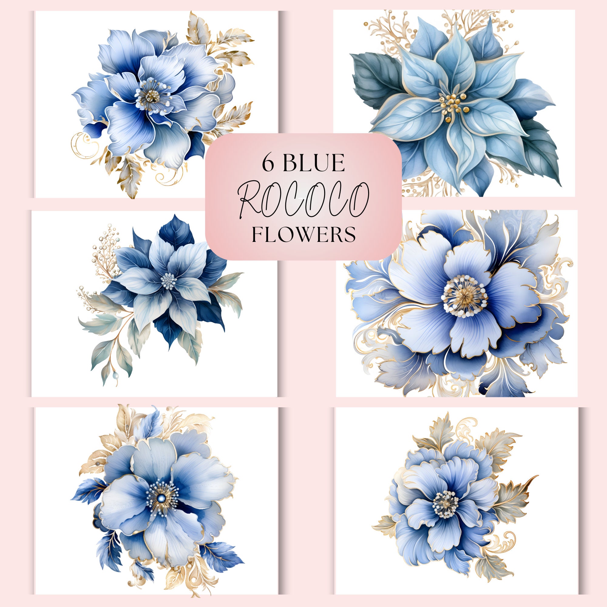 Blue Rococo Floral Poinsettia Clipart Victorian Card Making ...