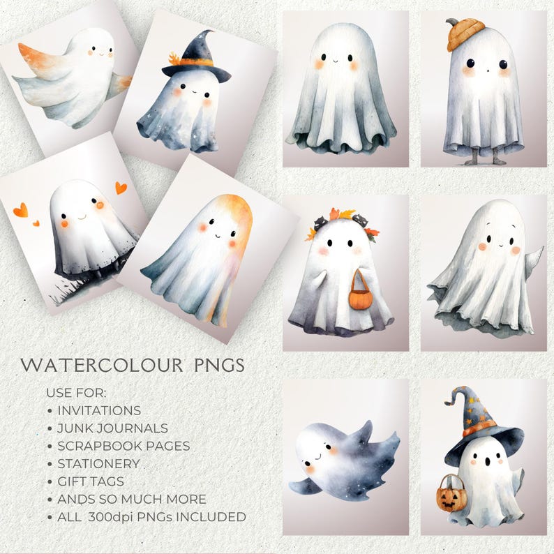 Little Ghosts PNG Clipart Set | Cute Halloween Ghosts and Seamless ...
