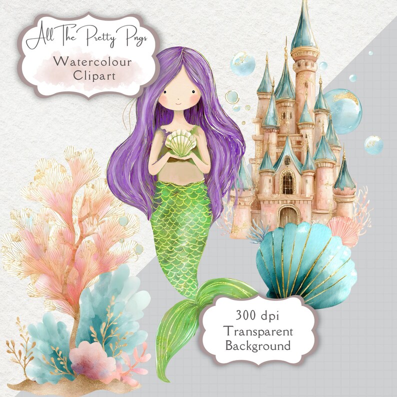 Mermaid Clipart Bundle | Watercolor Cute Mermaid Clipart Png | Sea Life ...