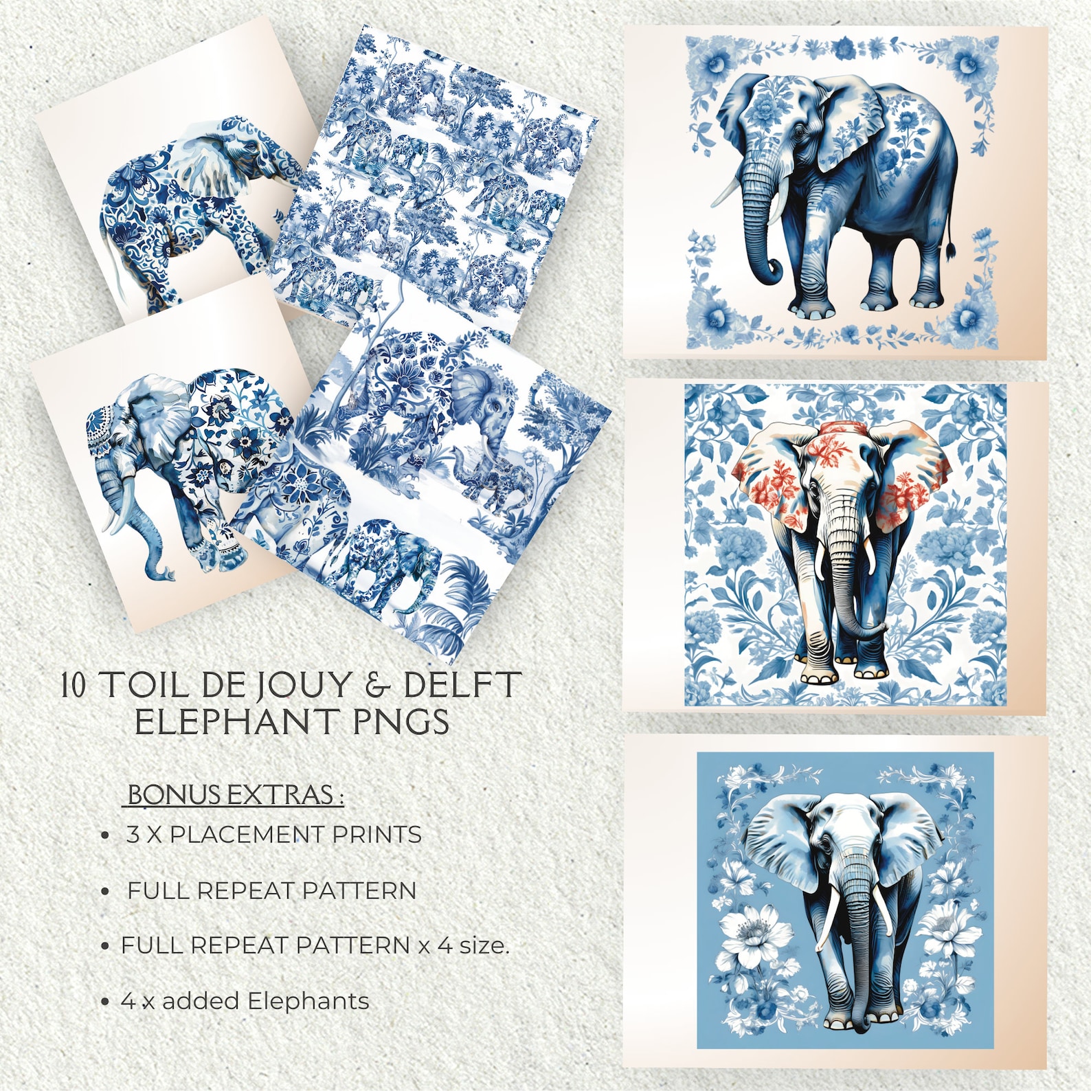 Watercolour Toile De Jouy Elephants Clipart Bundle Delft Style ...