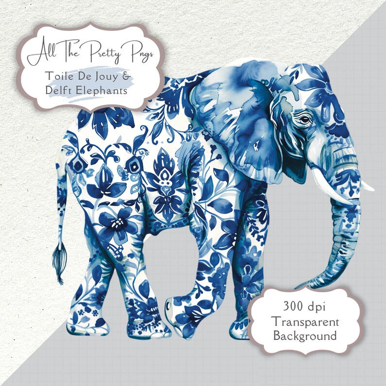 Watercolour Toile De Jouy Elephants Clipart Bundle Delft Style ...
