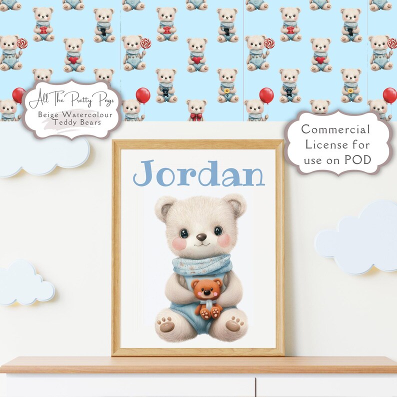Beige Watercolour Teddy Bear Pngs Baby Shower Nursery Clipart Bundled ...
