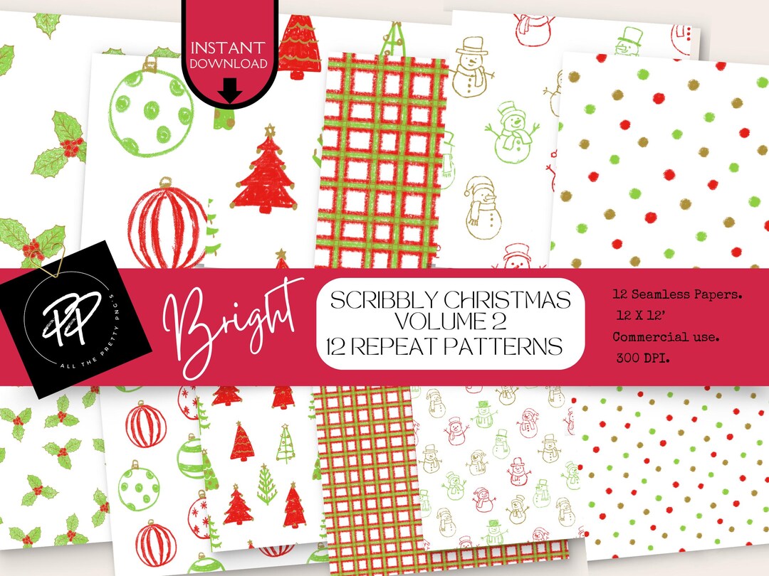 Bright Christmas Scribbles Hand Drawn Pattern Tiles Vol 2| 12 Seamless ...