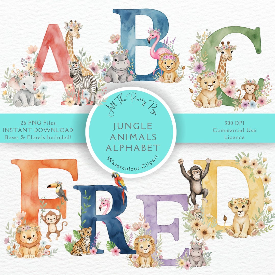 Watercolor Jungle Animal Alphabet Letters PNG – Safari ABC Clipart Set ...