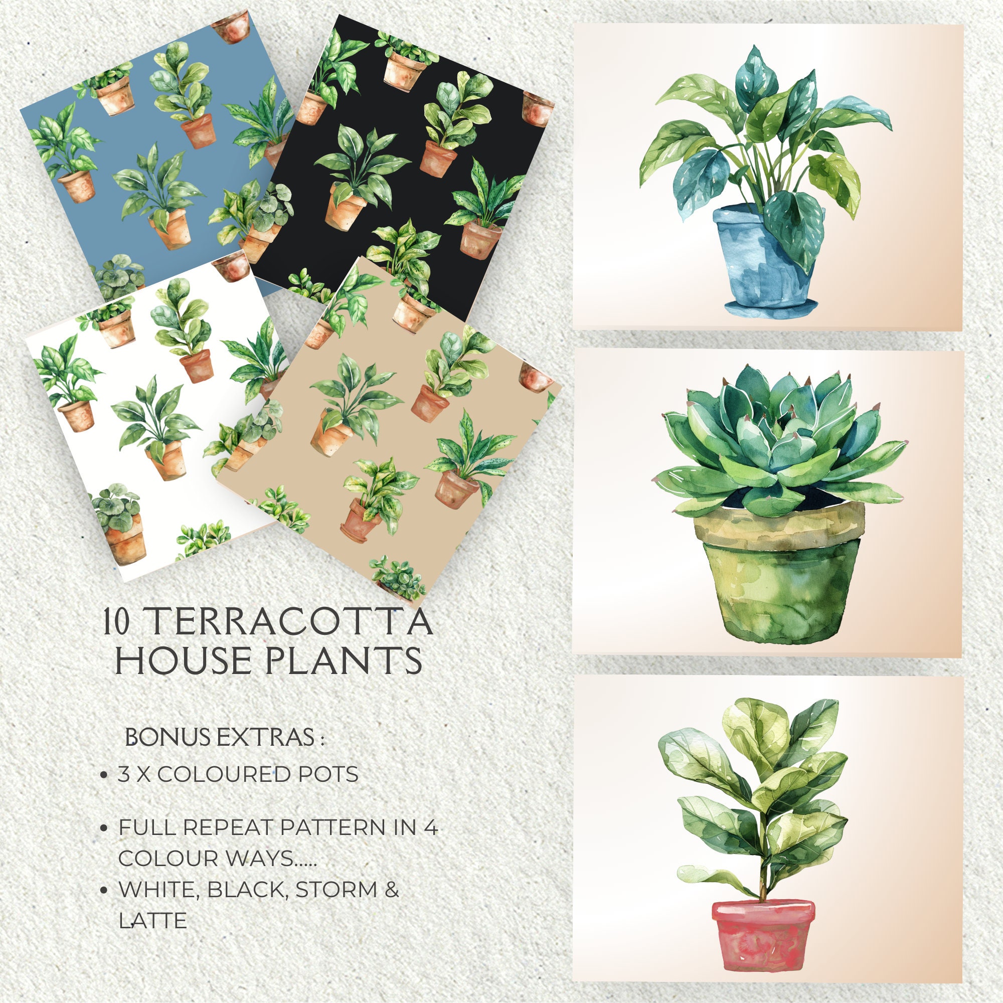 Watercolour Terracotta House Plants Clipart Bundle Pot Plants Repeat ...