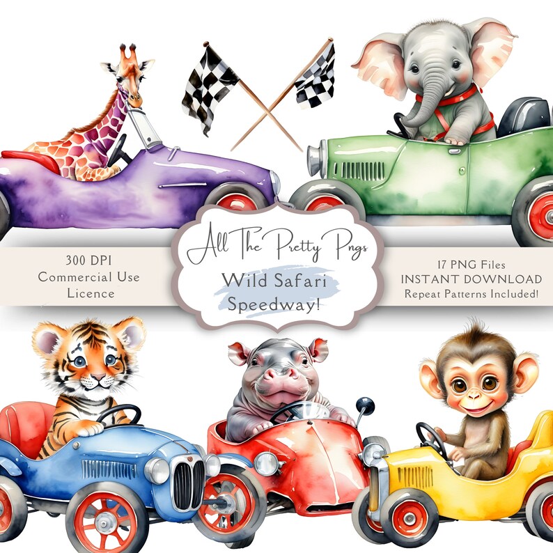 Race Cars PNG Watercolour Clipart Bundle Jungle Animals Repeat Patterns ...
