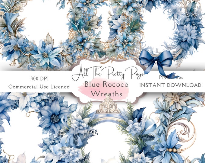 Blue Rococo Floral Poinsettia Clipart Victorian Card Making ...