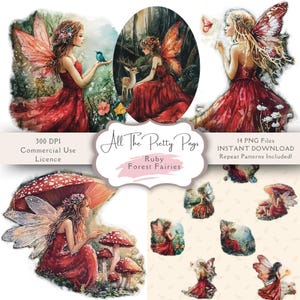 Ruby Red Watercolour Fairy Pngs.clipart Bundle Seamless Repeat Pattern ...