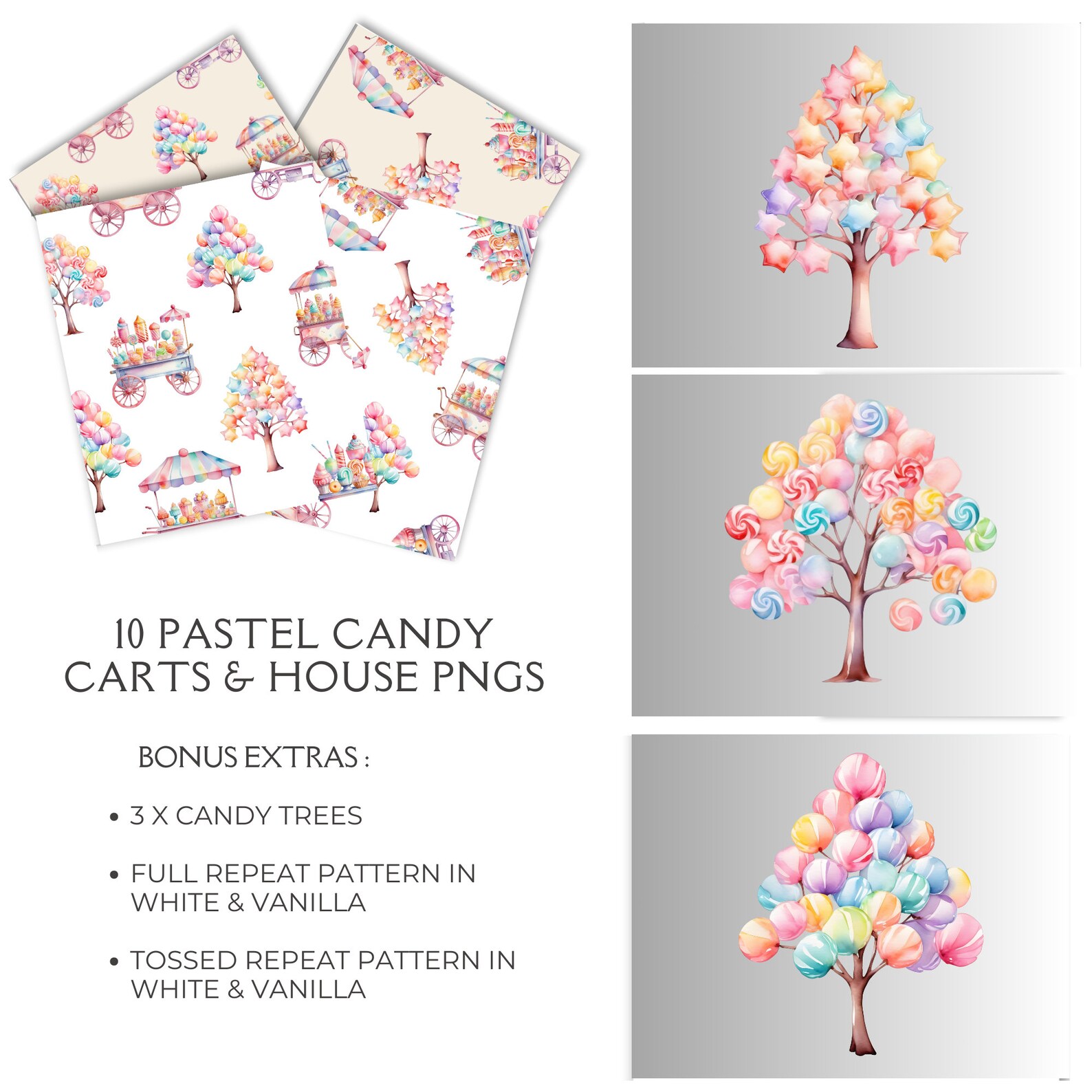 PNG Watercolour Pastel Candy Carts Clipart Bundle Candy Carts Repeat ...