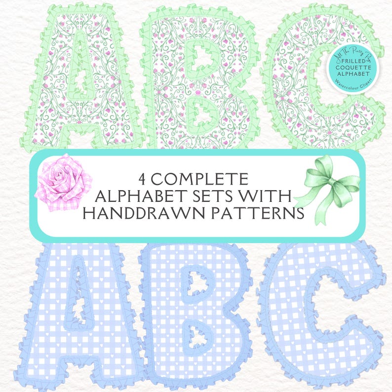 Coquette Alphabet PNG Bundle, Frill Letters Clipart, Bows & Flowers ...