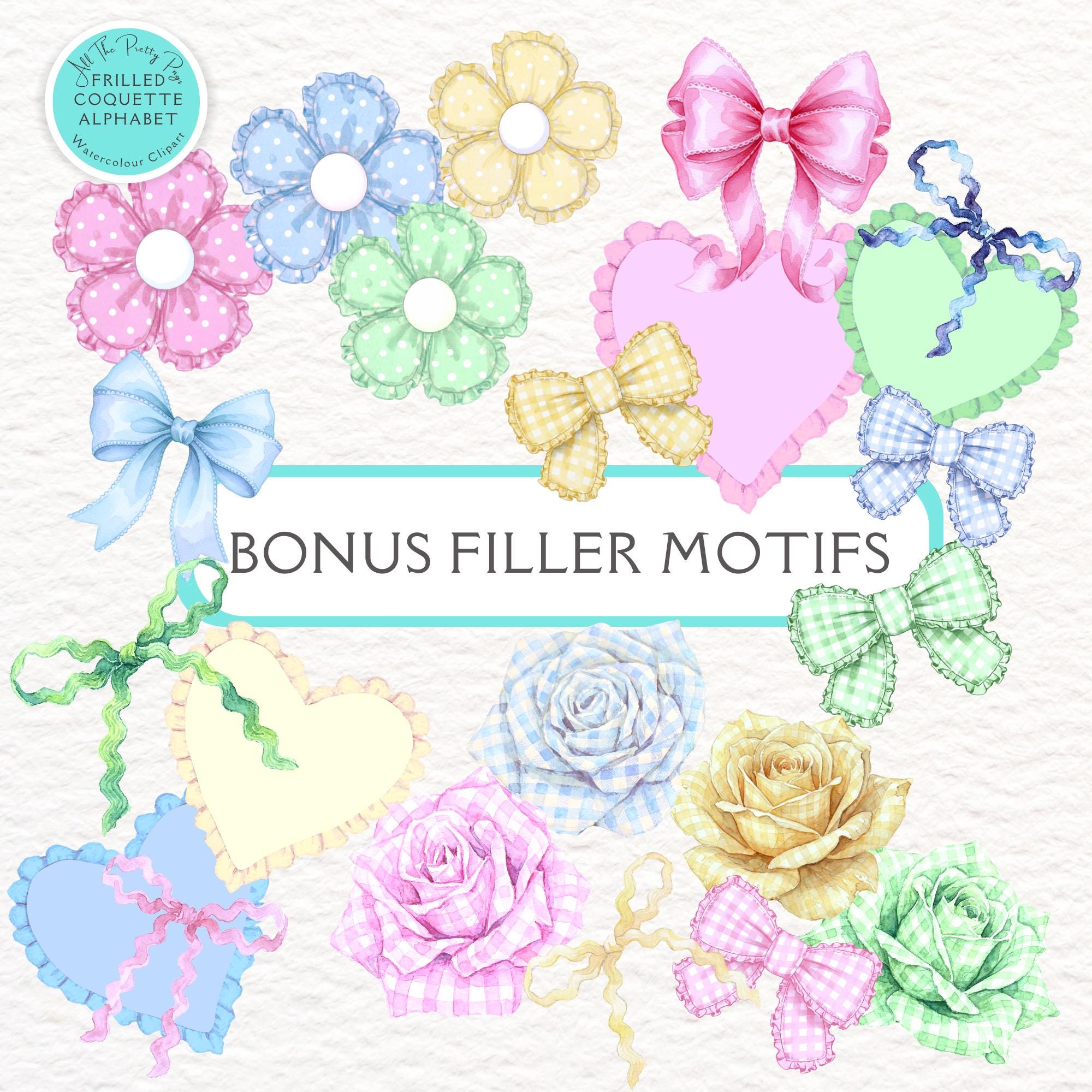 Coquette Alphabet PNG Bundle, Frill Letters Clipart, Bows & Flowers ...