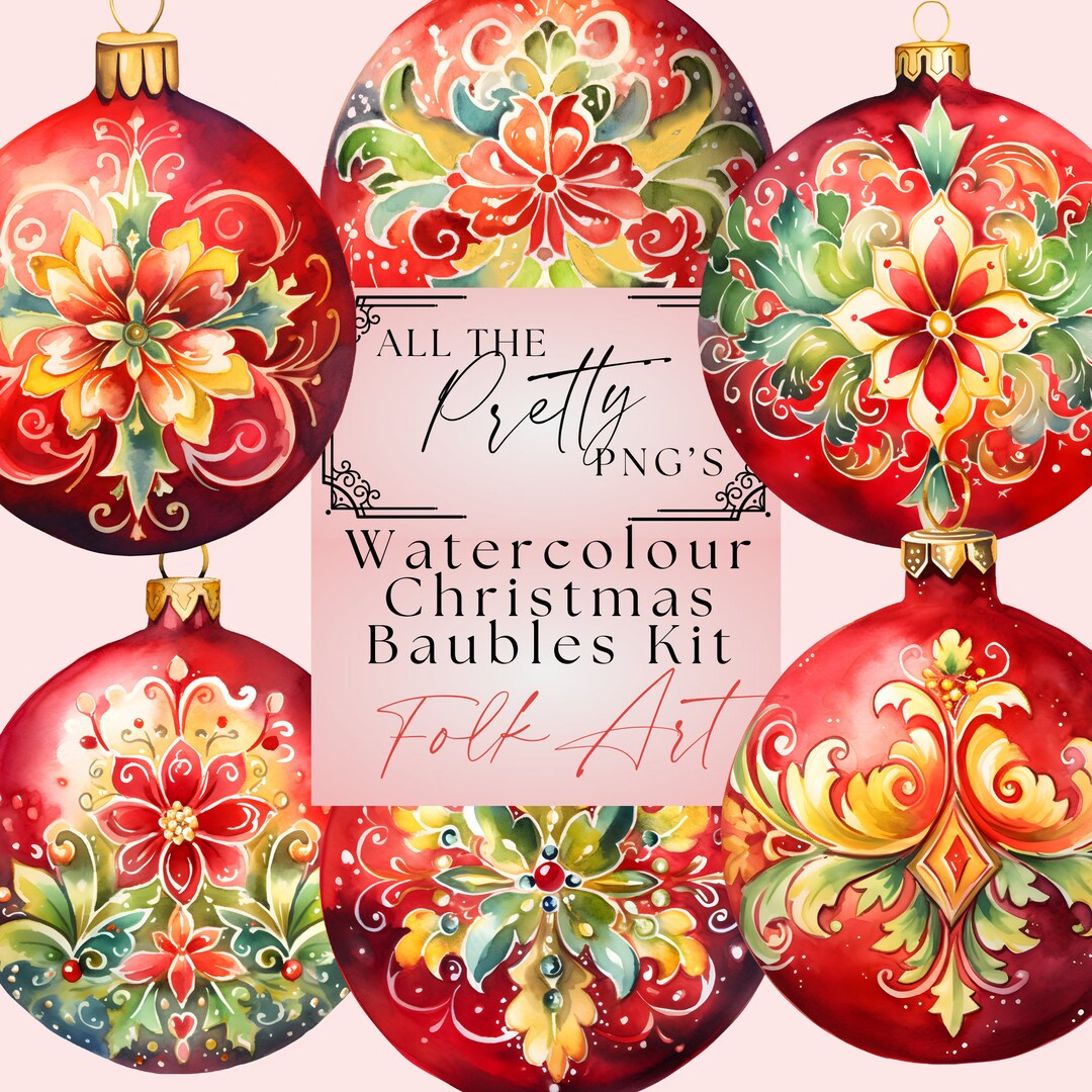 Red Folk Art Christmas Baubles Clipart Bundle, Victorian Card Making ...