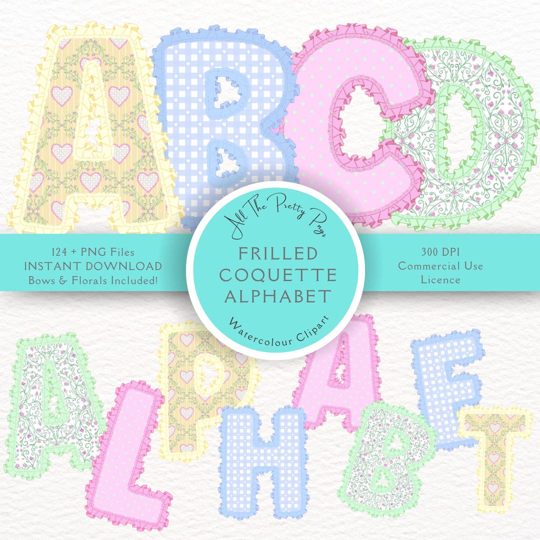 Coquette Alphabet PNG Bundle, Frill Letters Clipart, Bows & Flowers ...