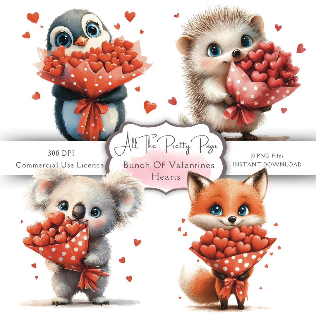 Valentines Day Bunch of Hearts Cute Animals Clipart Card Making ...