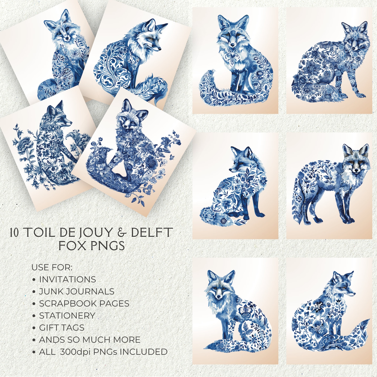 Watercolour Toile De Jouy Foxes Clipart Bundle Delft Style Foxes Blue ...
