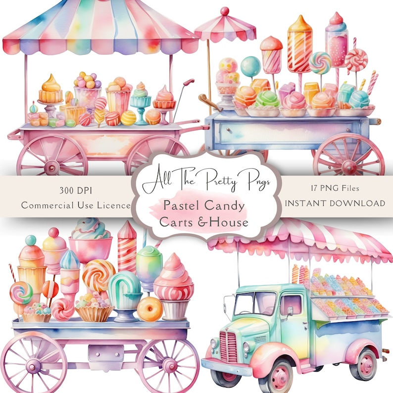 PNG Watercolour Pastel Candy Carts Clipart Bundle Candy Carts Repeat ...