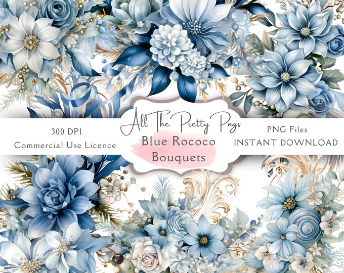 Blue Rococo Floral Poinsettia Clipart Victorian Card Making ...