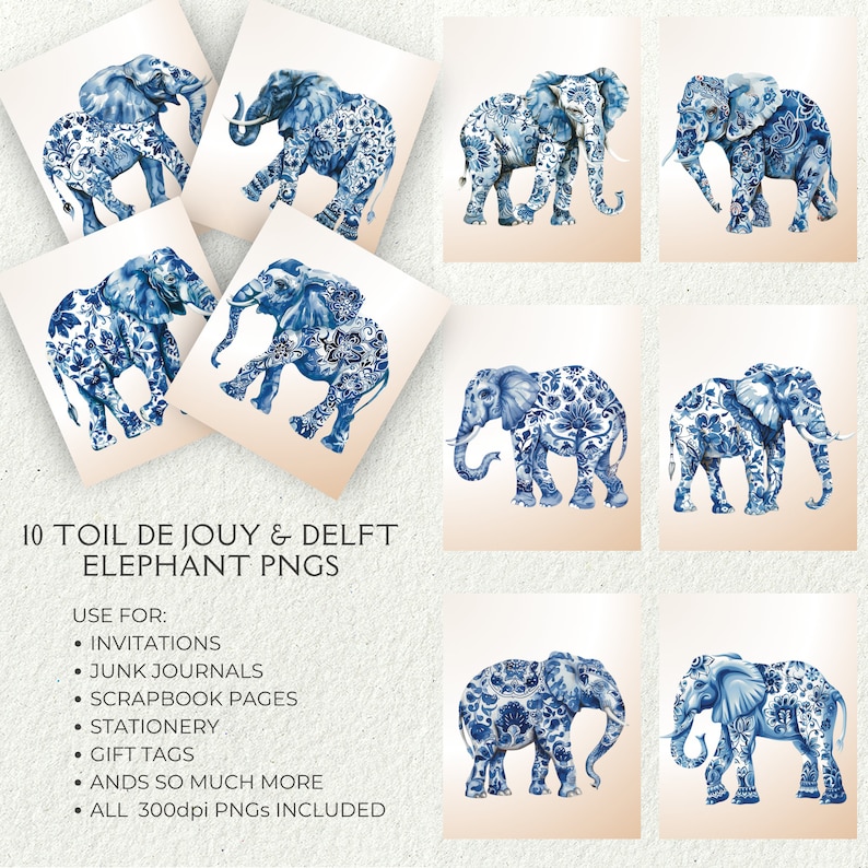 Watercolour Toile De Jouy Elephants Clipart Bundle Delft Style ...