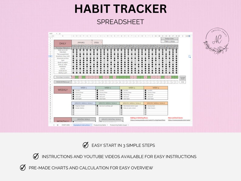 Habit Tracker Spreadsheet for Google Sheets, Daily Habit Planner ...