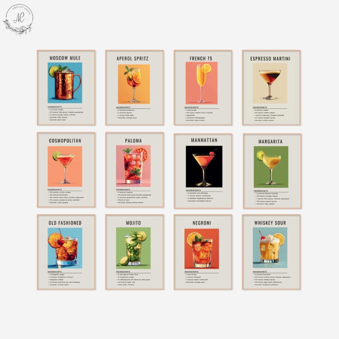 Cocktail Art Prints Set | Minimalist Bar Cart Decor (digital Download ...
