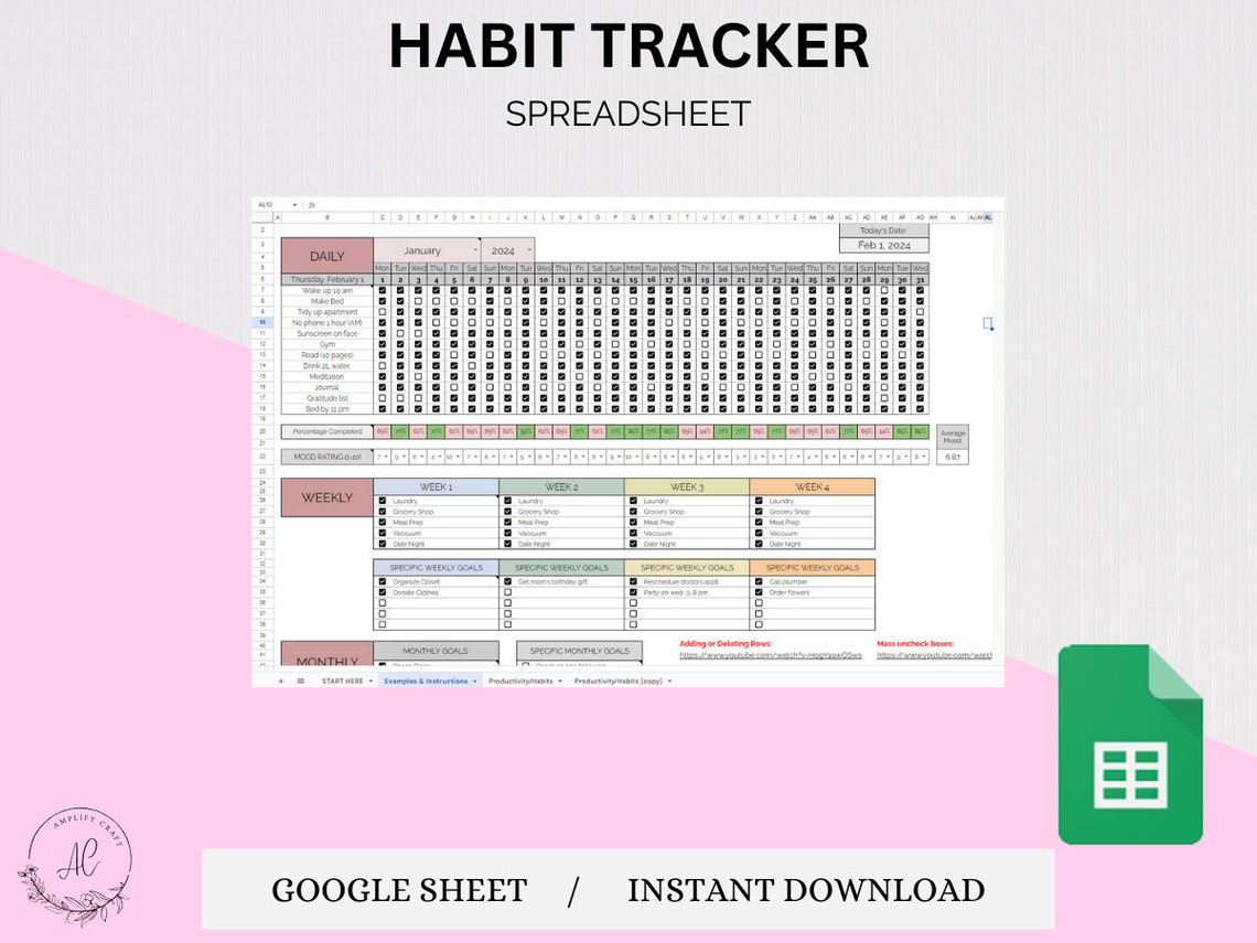 Habit Tracker Spreadsheet for Google Sheets, Daily Habit Planner ...