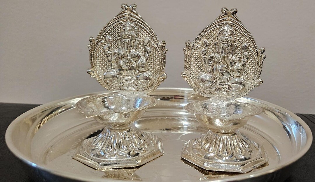 Ganesha Diya Set: 4" German Silver Deepam Lamp, Diwali Pooja - Etsy