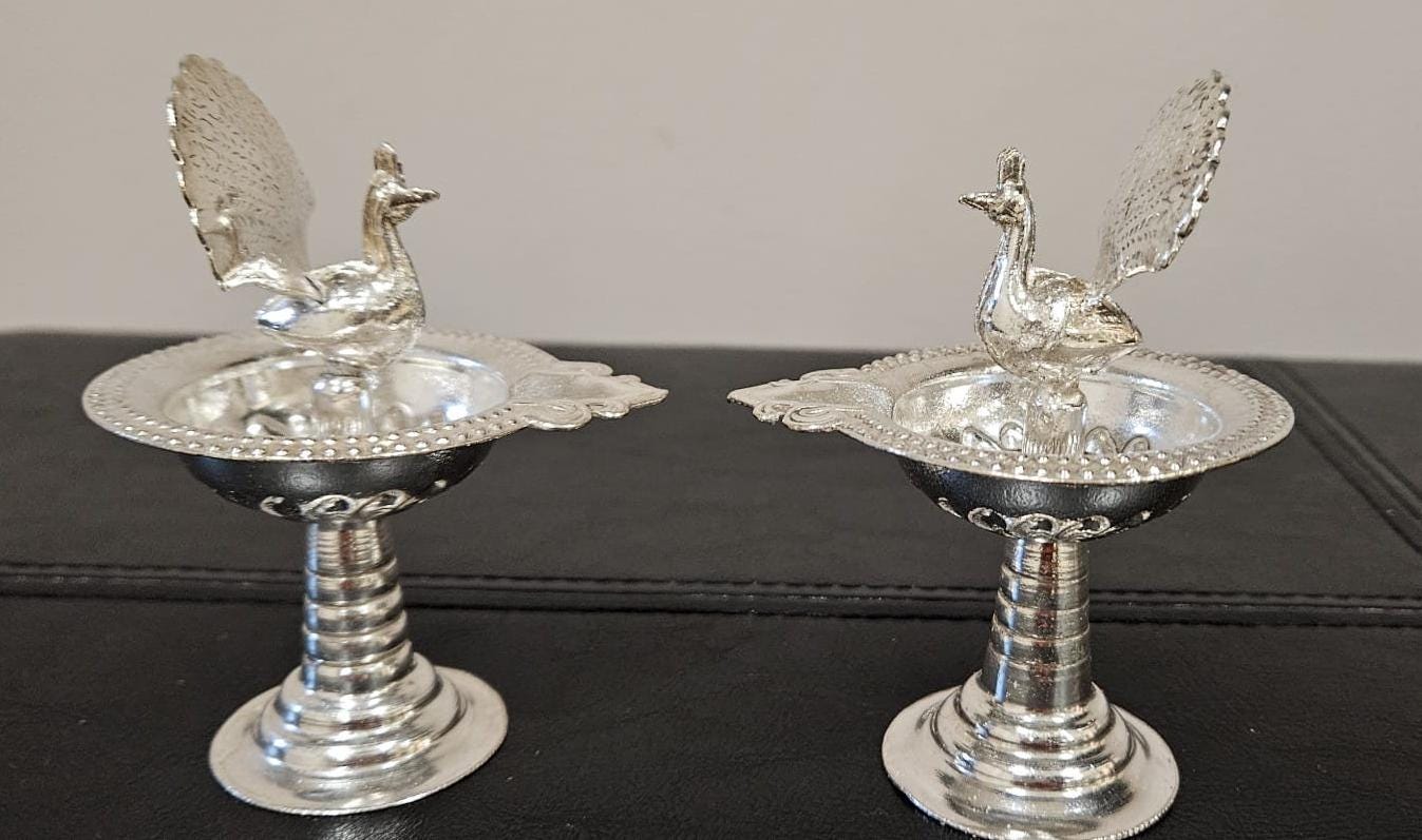 4" German Silver Peacock Diya Set /return Gifts/ Pooja Items/ Diyas ...