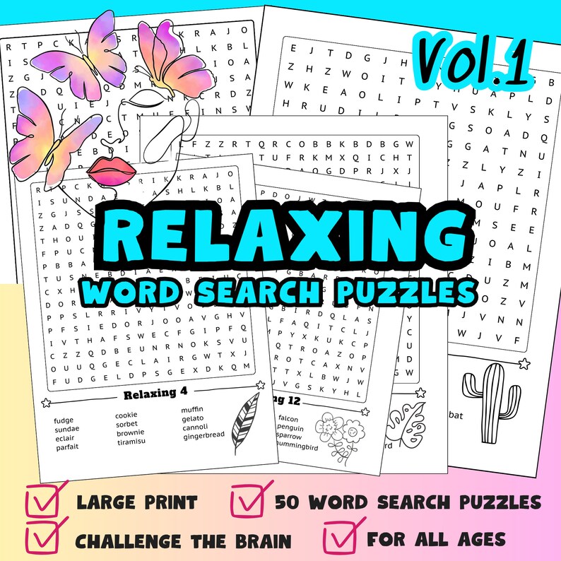 50 Word Search Printable: Relaxing Puzzles for Seniors, Adults & Kids ...