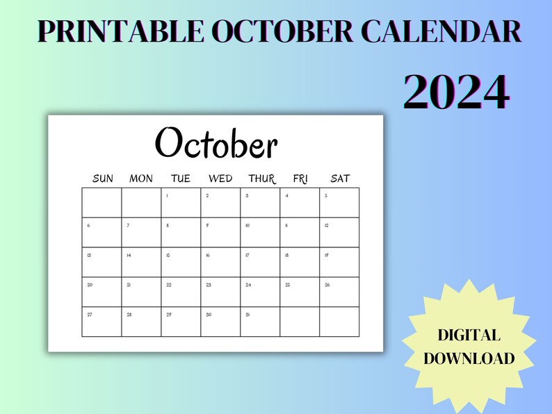 October 2024 Blank Calendar | Horizontal Printable Calendar | Instant ...