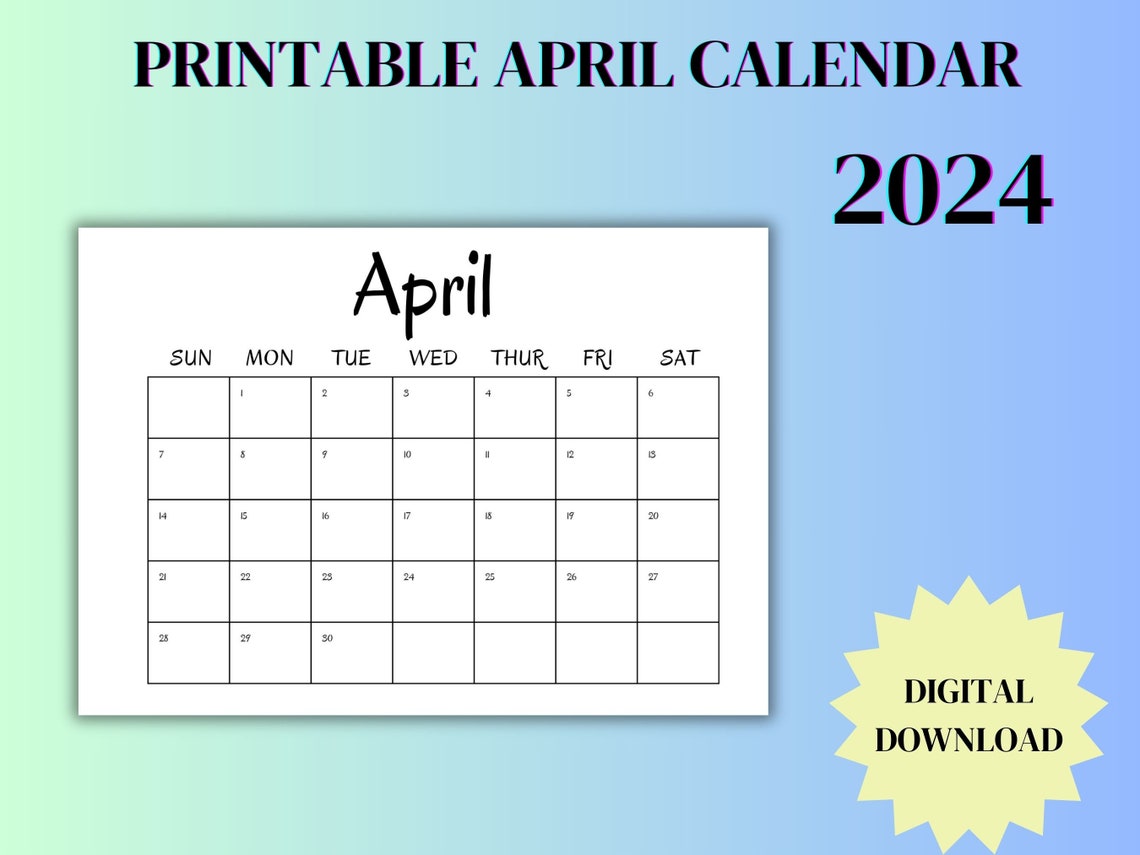 April 2024 Blank Calendar | Horizontal Printable Calendar | Instant ...