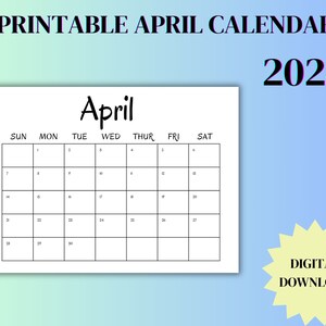 April 2024 Blank Calendar | Horizontal Printable Calendar | Instant ...