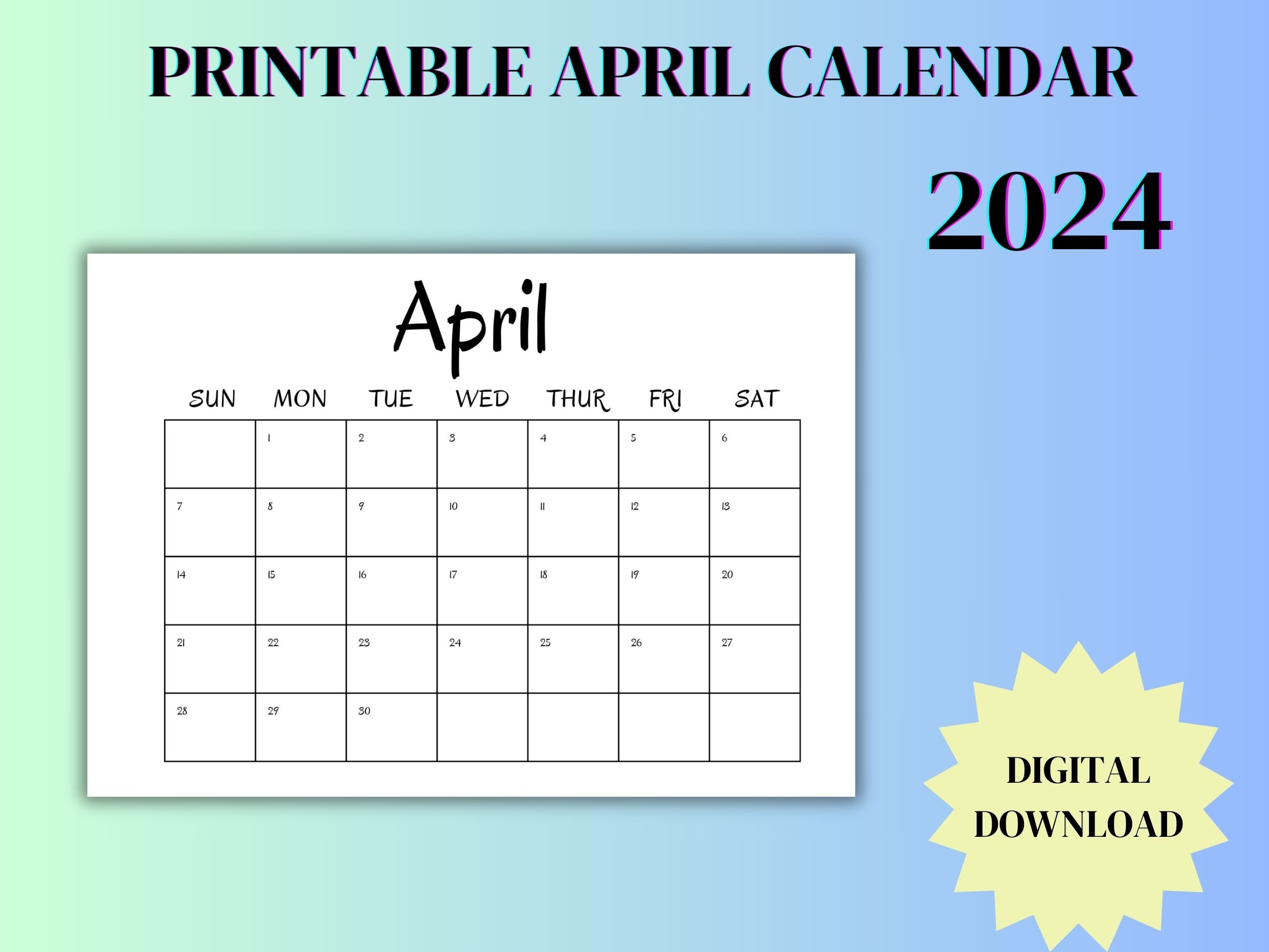 April 2024 Blank Calendar | Horizontal Printable Calendar | Instant ...