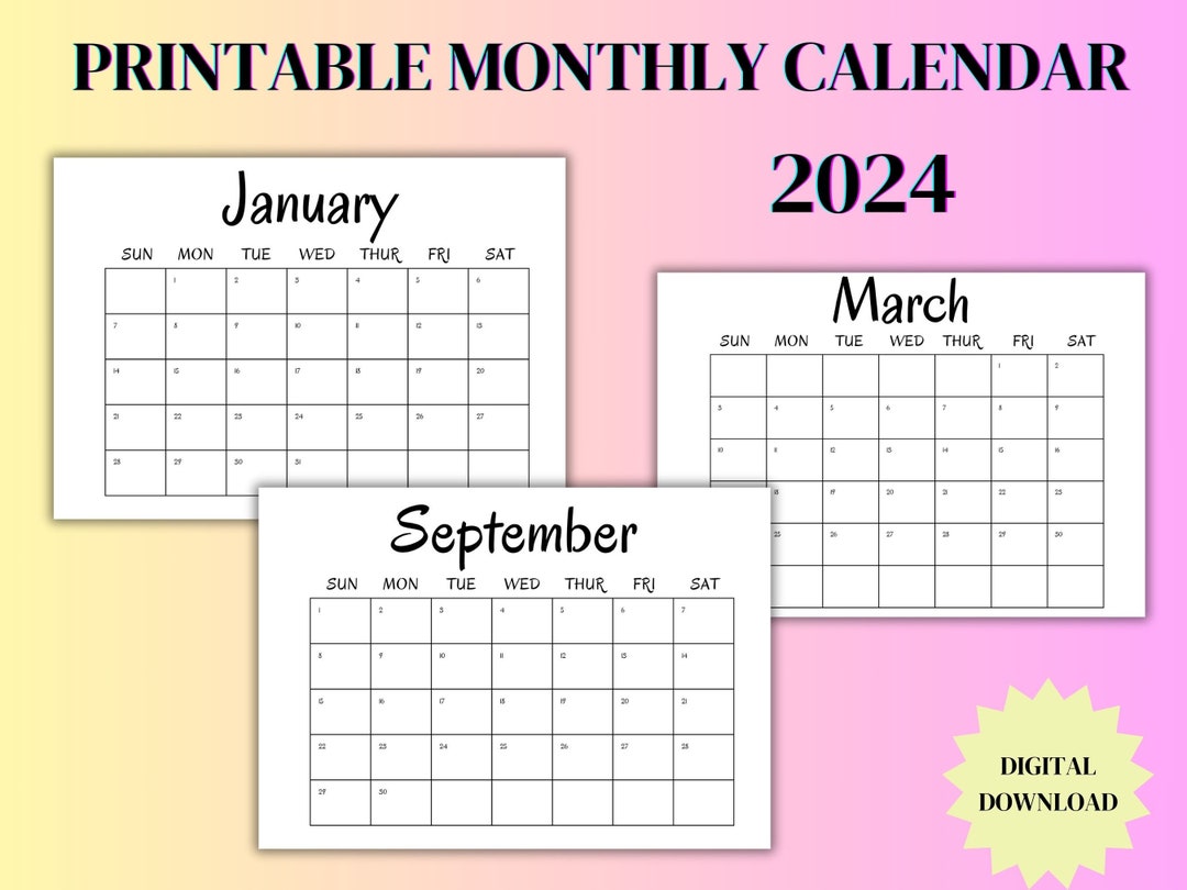2024 Blank Calendar| Horizontal Printable Calendar | Instant Download ...