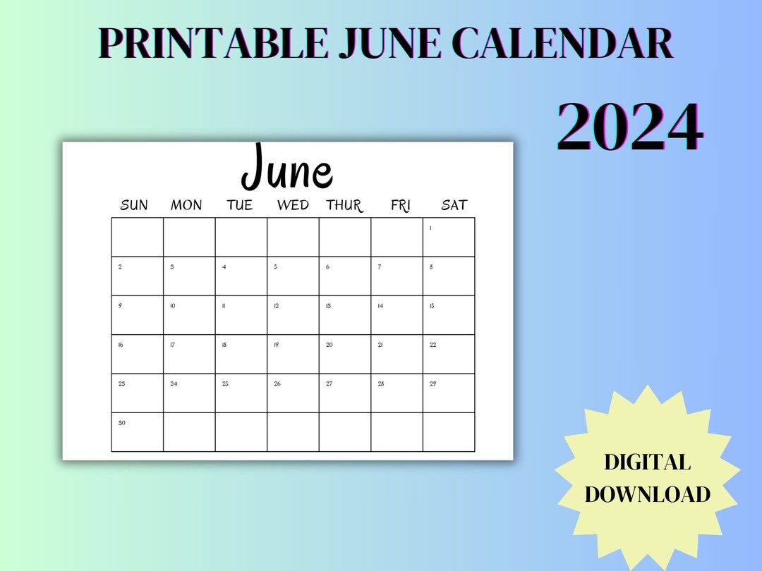June 2024 Blank Calendar | Horizontal Printable Calendar | Instant ...