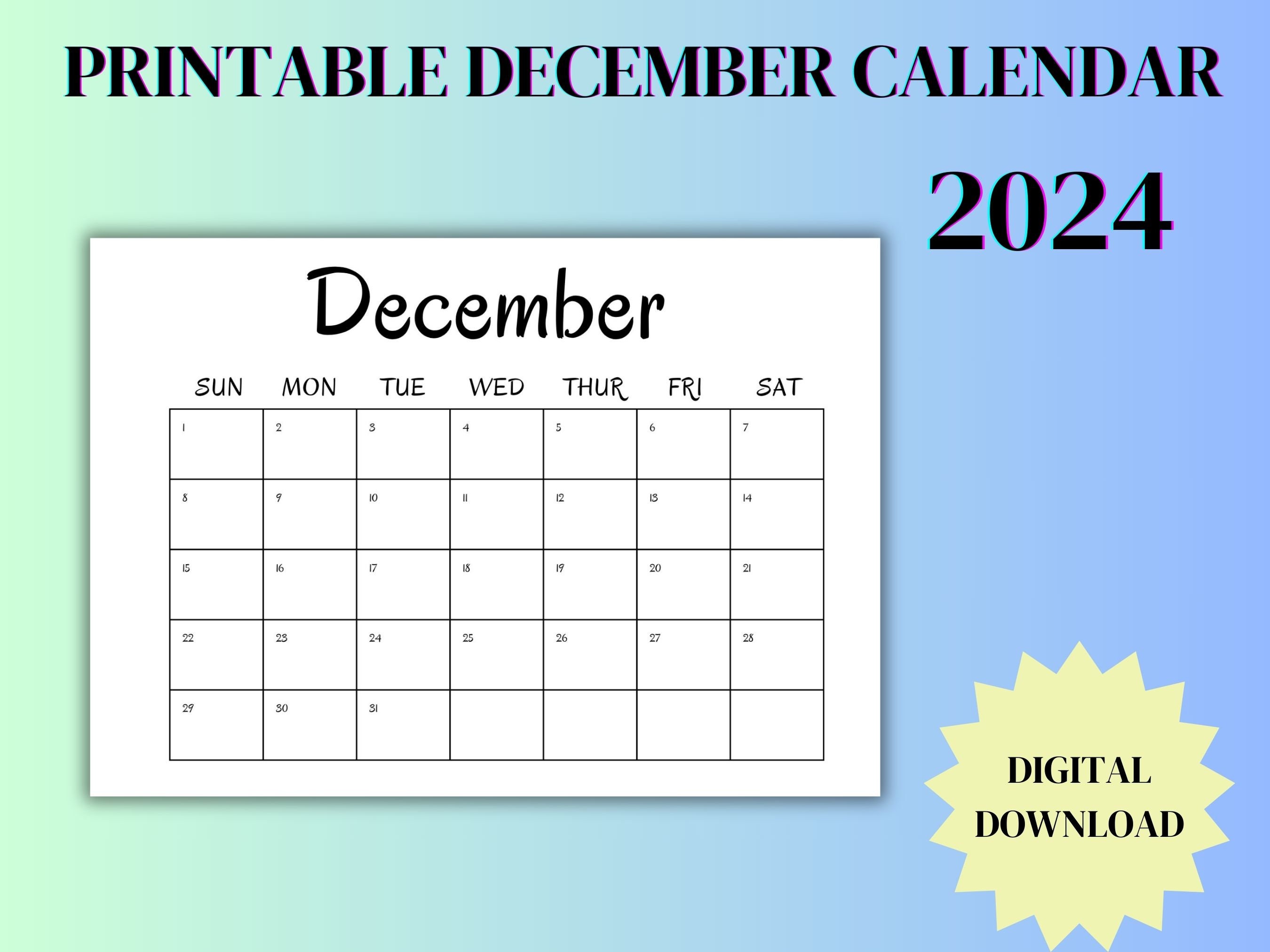 December 2024 Blank Calendar | Horizontal Printable Calendar | Instant ...