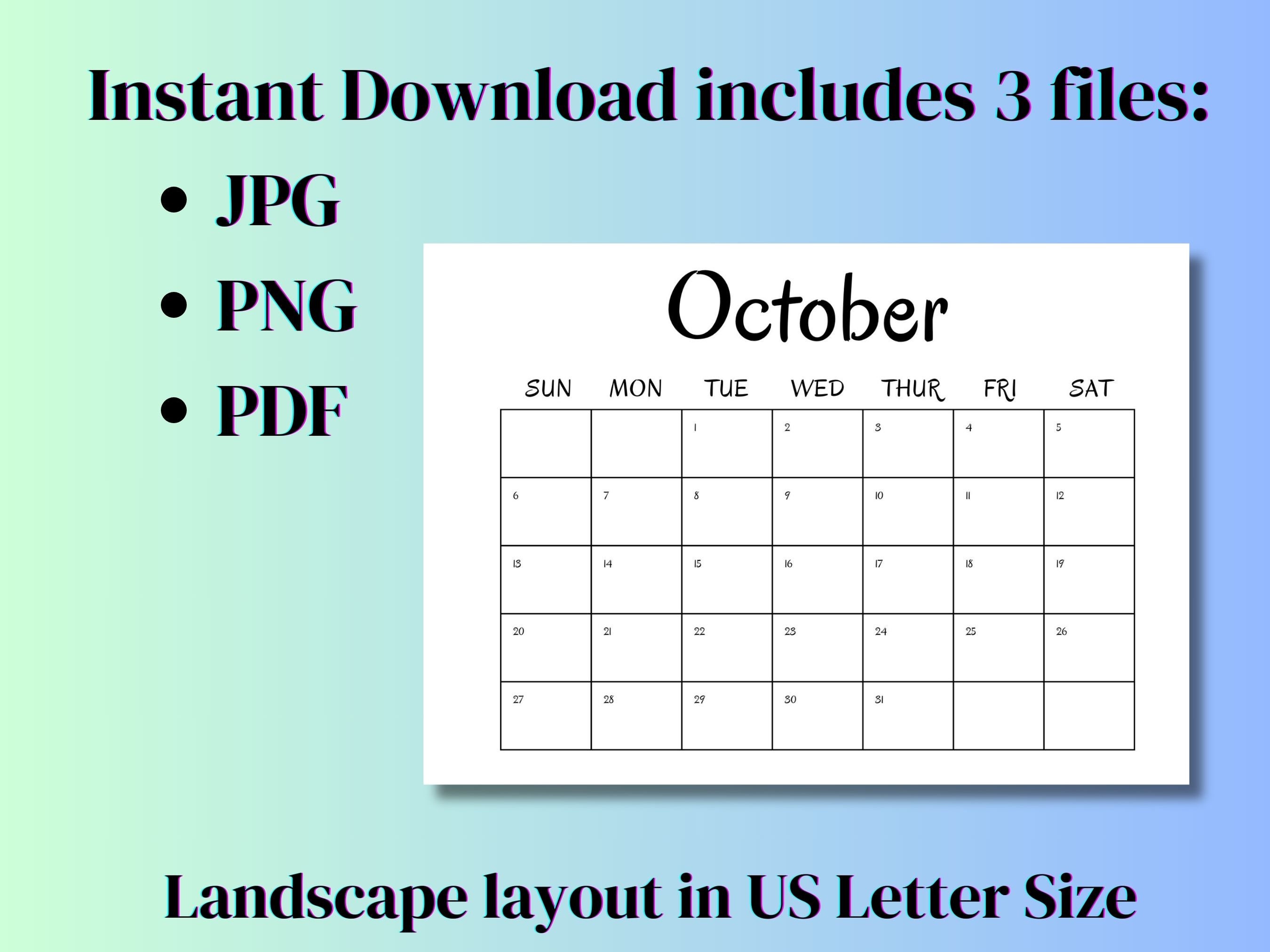 October 2024 Blank Calendar | Horizontal Printable Calendar | Instant ...
