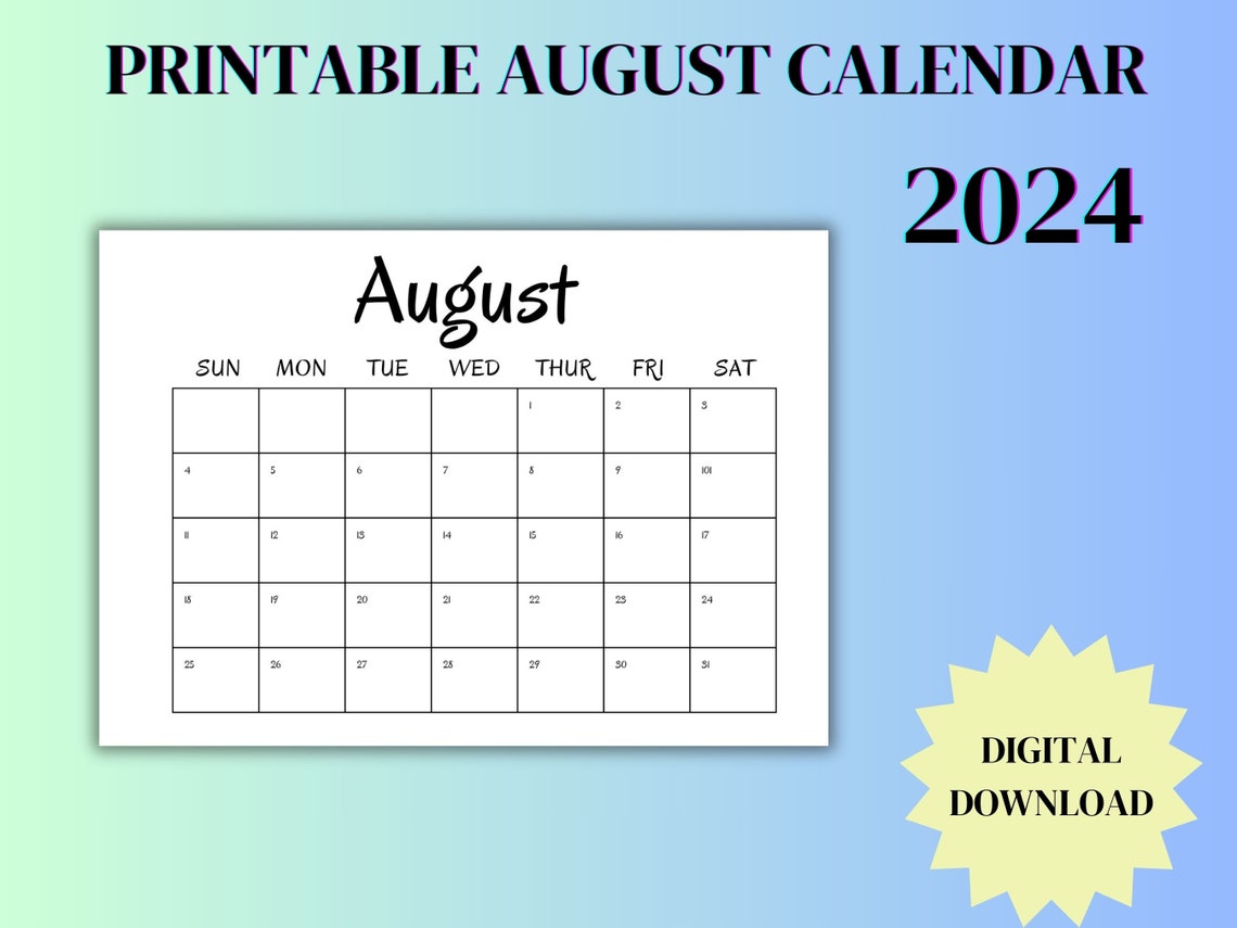 August 2024 Blank Calendar | Horizontal Printable Calendar | Instant ...