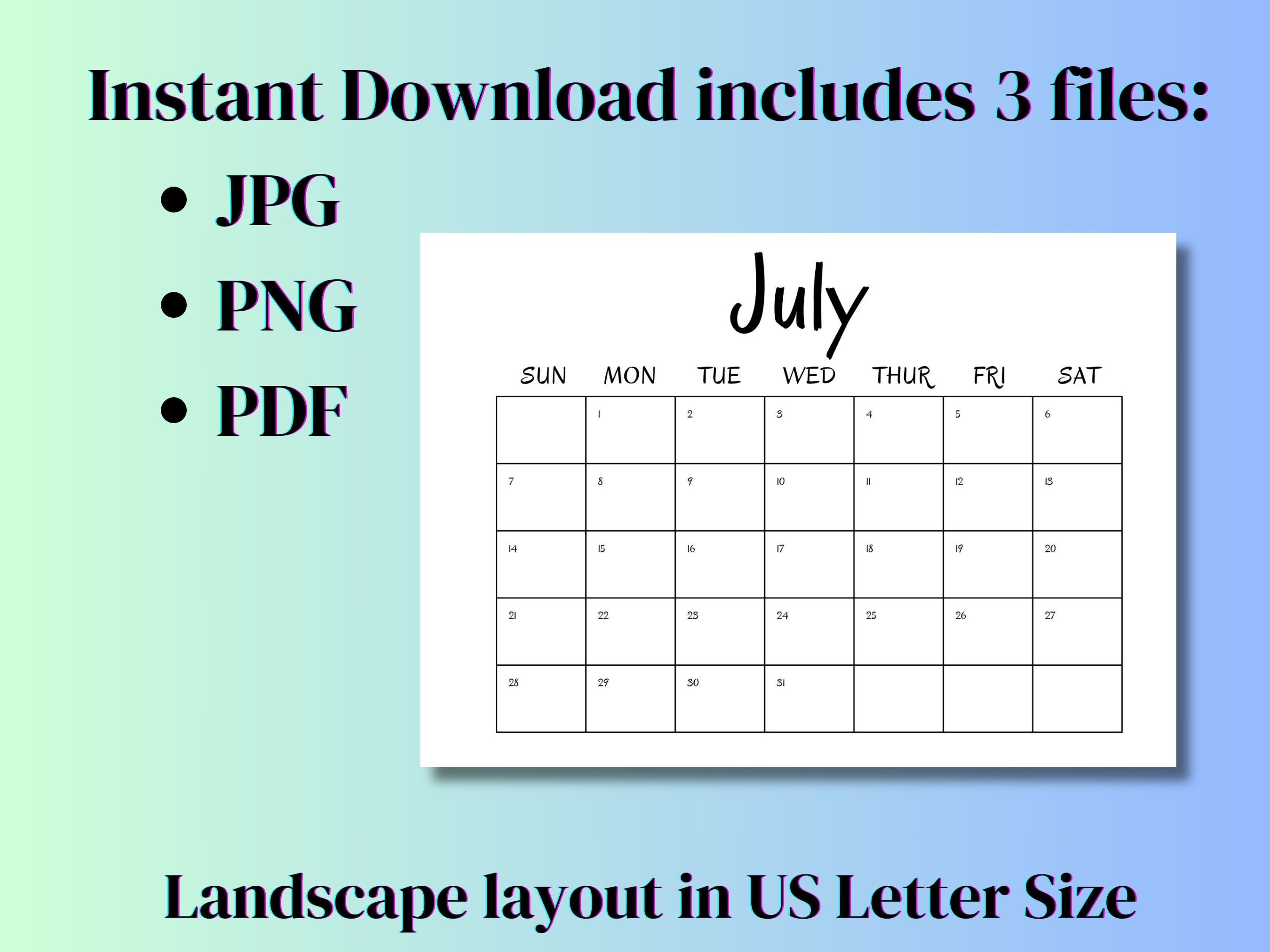 July 2024 Blank Calendar Horizontal Printable Calendar Instant Download ...