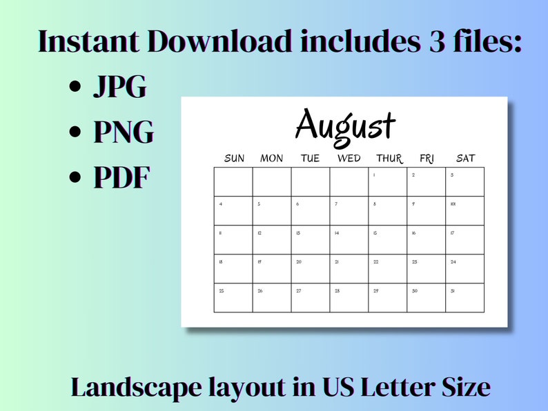 August 2024 Blank Calendar | Horizontal Printable Calendar | Instant ...
