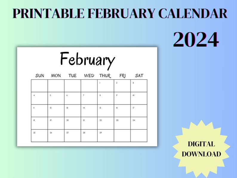 February 2024 Blank Calendar | Horizontal Printable Calendar | Instant ...