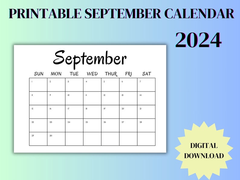 September 2024 Blank Calendar | Horizontal Printable Calendar | Instant ...