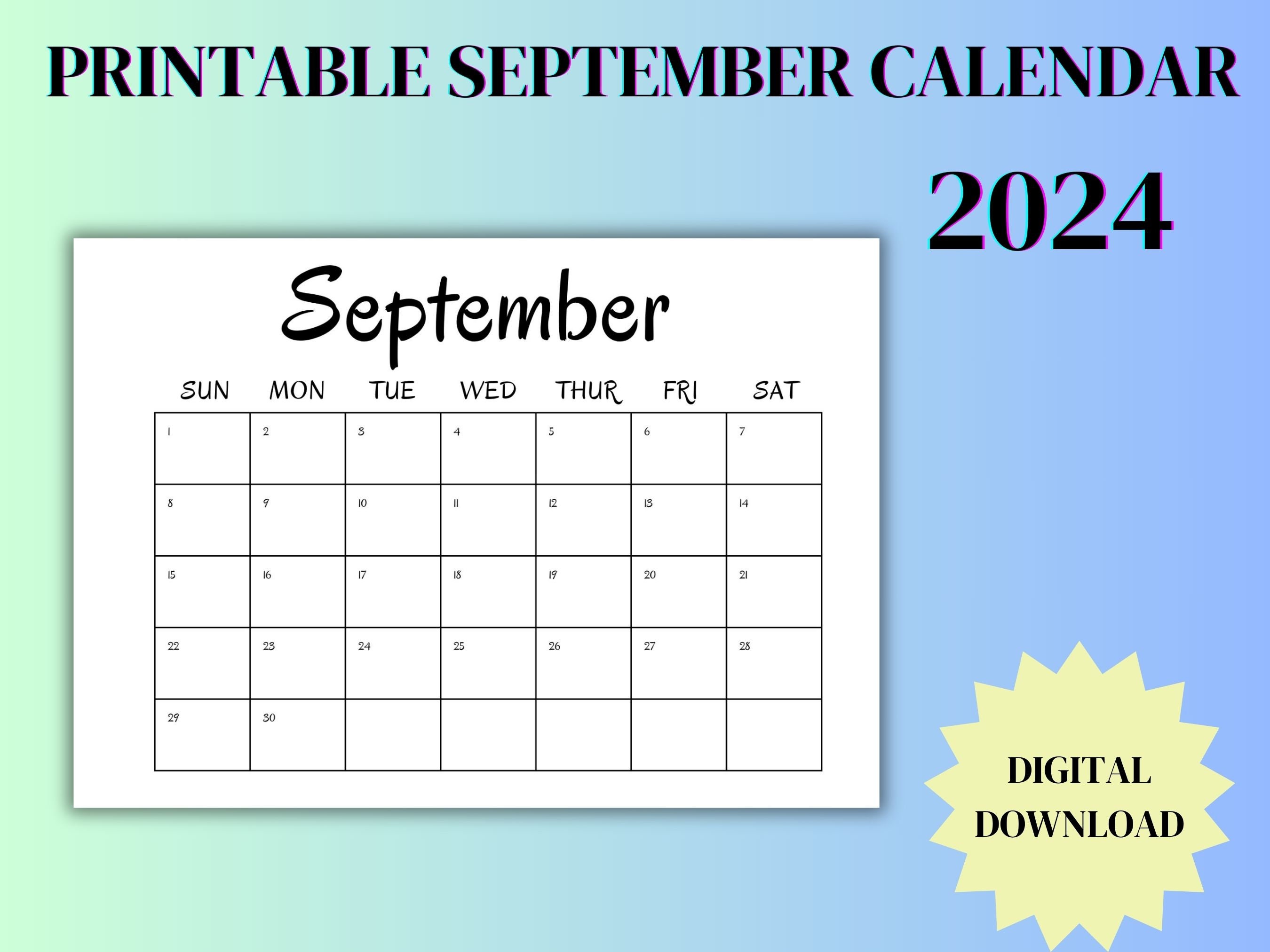 September 2024 Blank Calendar | Horizontal Printable Calendar | Instant ...