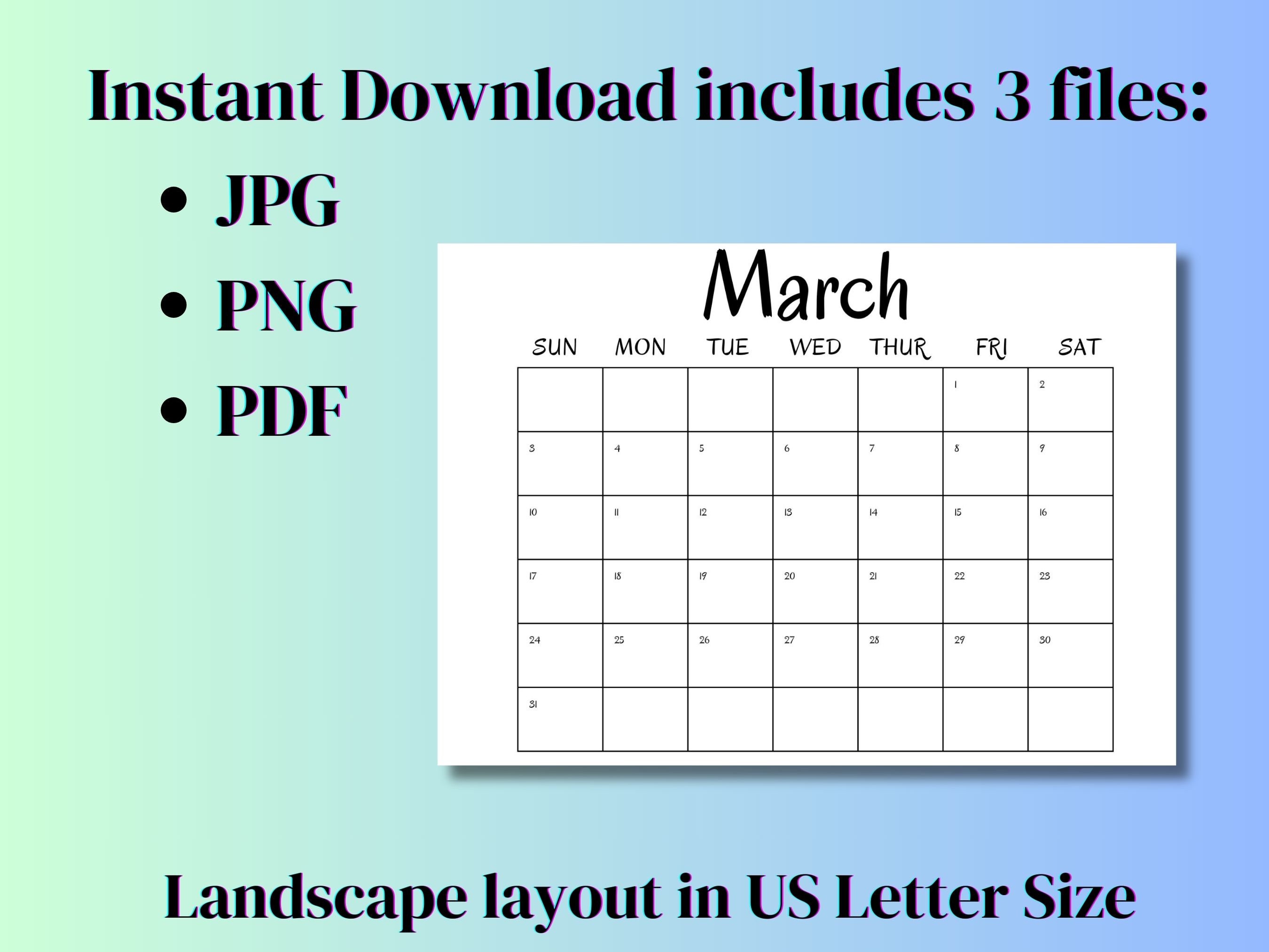 March 2024 Blank Calendar Horizontal Printable Calendar Instant ...
